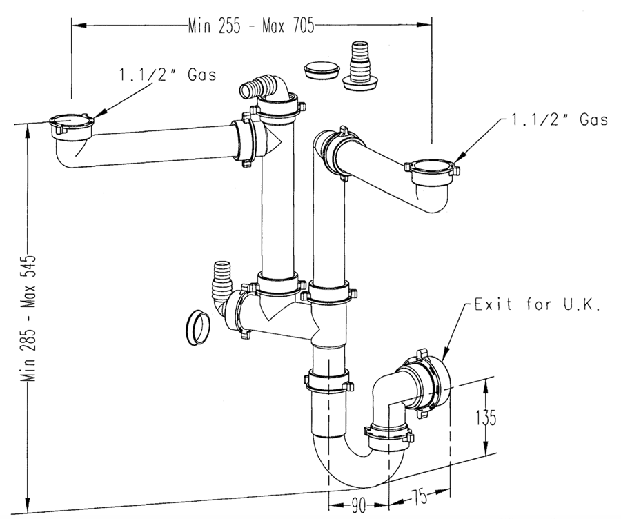 Franke / Lira Spazio 2 Space Saver Plumbing Kit for Double Bowl Sinks